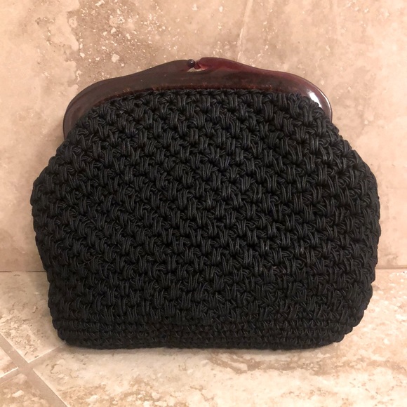 ADG | Bags | Adg Vintage Black Woven Clutch With Resin Kiss Lock ...